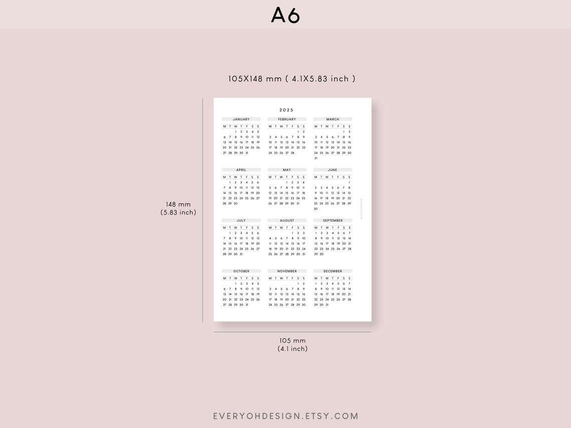 A6 2025 Calendar Overview Printable Insert | Dated Yearly Planner ...