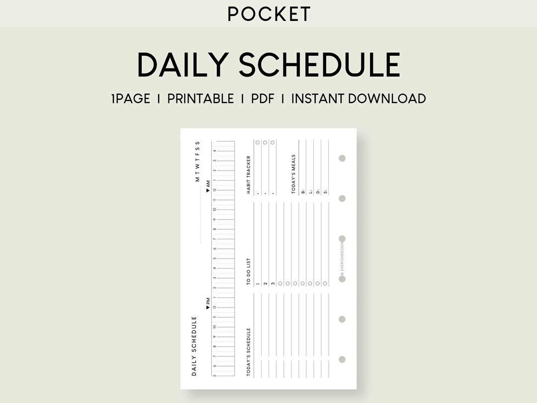 Pocket Daily Schedule Planner Insert: 24 Hour Timetable (printable PDF ...