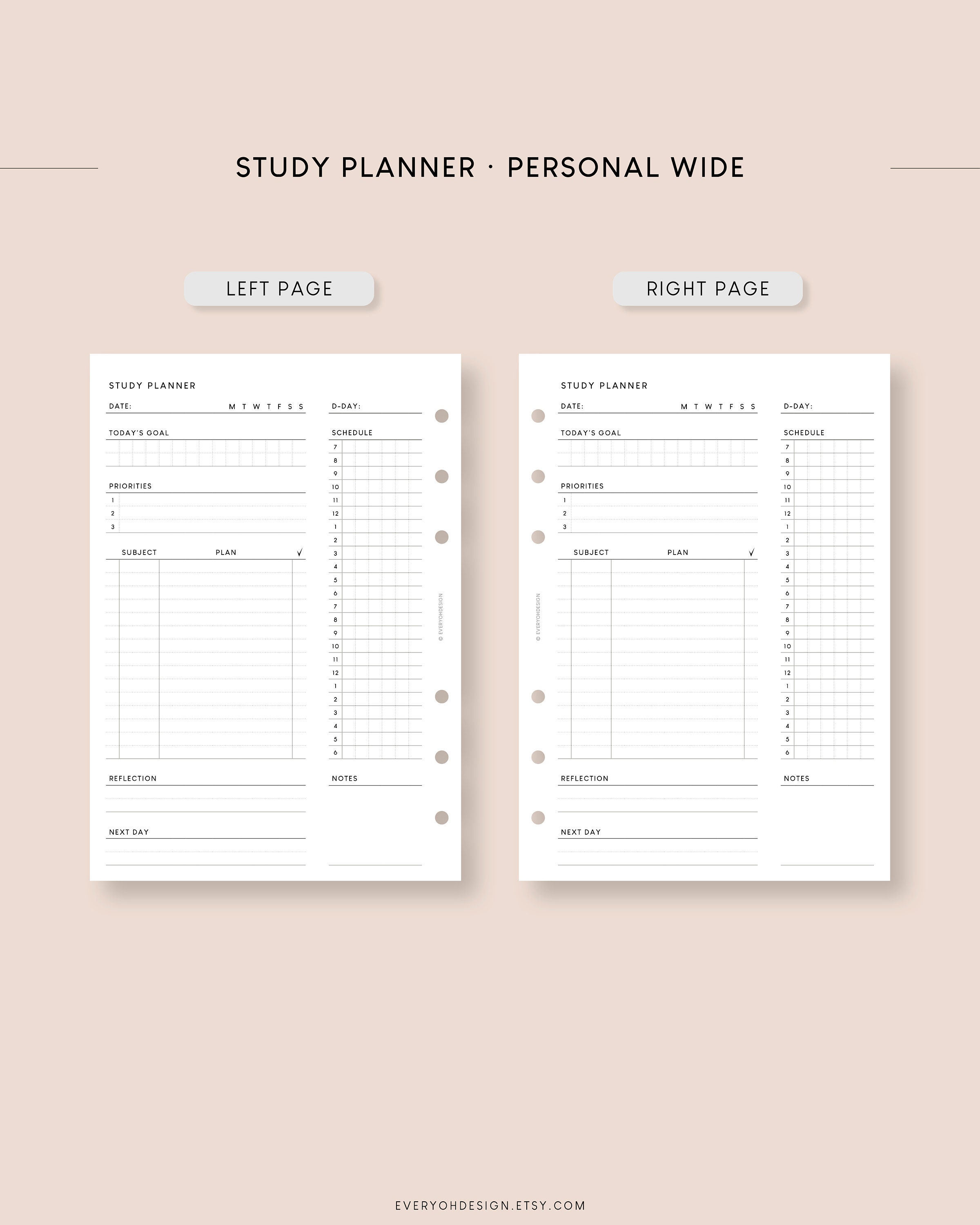 Study Planner Personal Wide Printable Insert Student - Etsy