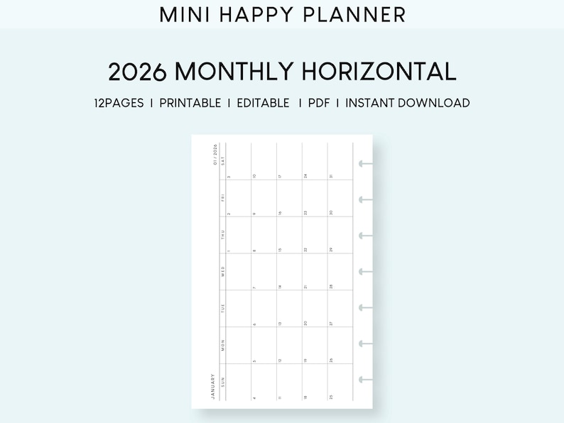 2026 Monthly Planner Printable Inserts: Mini HP Horizontal (printable ...