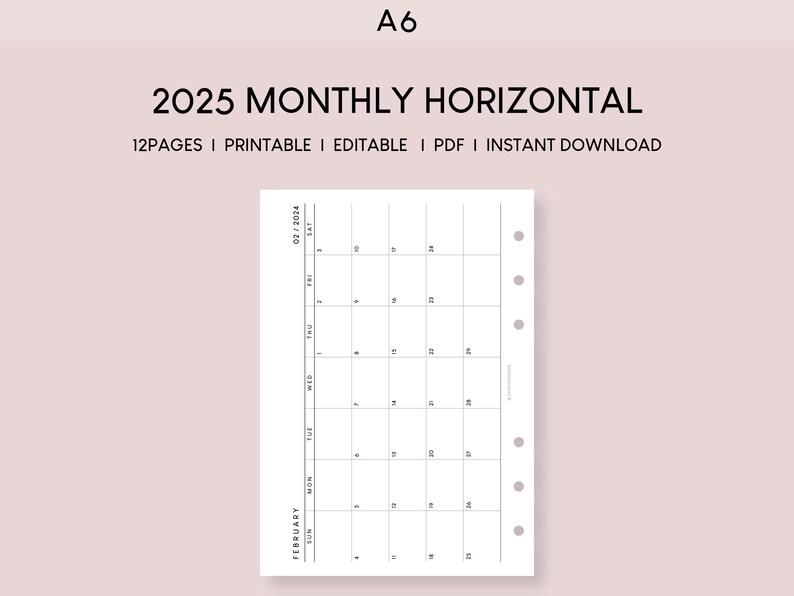 2025 Monthly Planner Horizontal A6 Inserts | Dated Calendar Printable ...