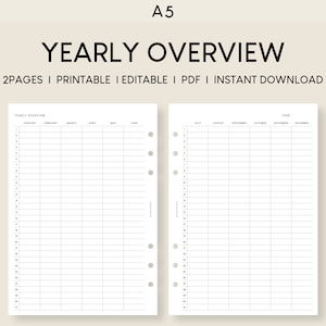 A5 Yearly Overview Printable Inserts | Year at A Glance | Minimalist ...