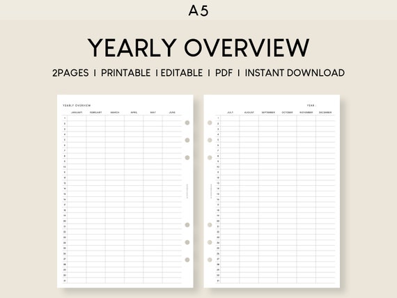 A5 Yearly Overview Printable Inserts Year at A Glance - Etsy