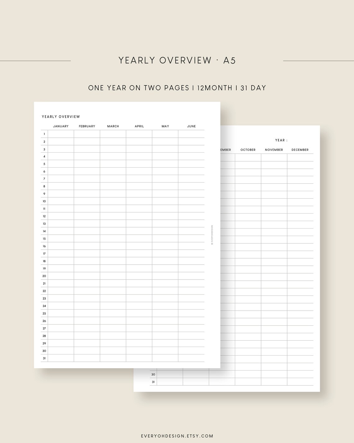 A5 Yearly Overview Printable Inserts Year at A Glance Minimalist ...
