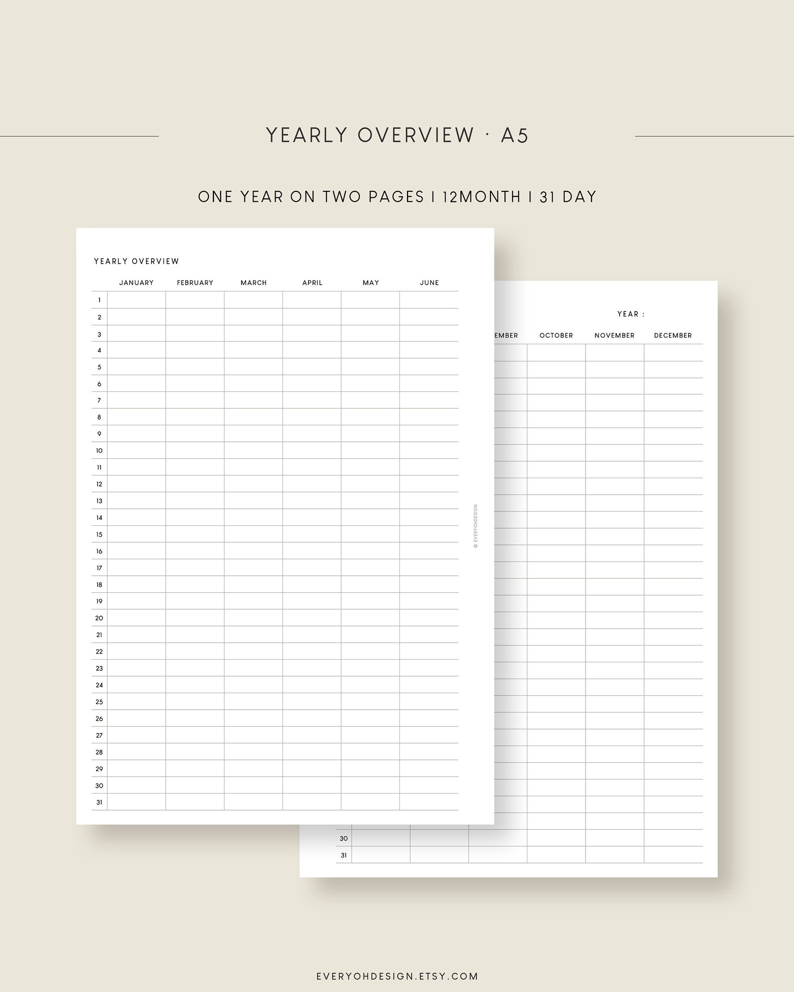 A5 Yearly Overview Printable Inserts | Year at A Glance | Minimalist ...