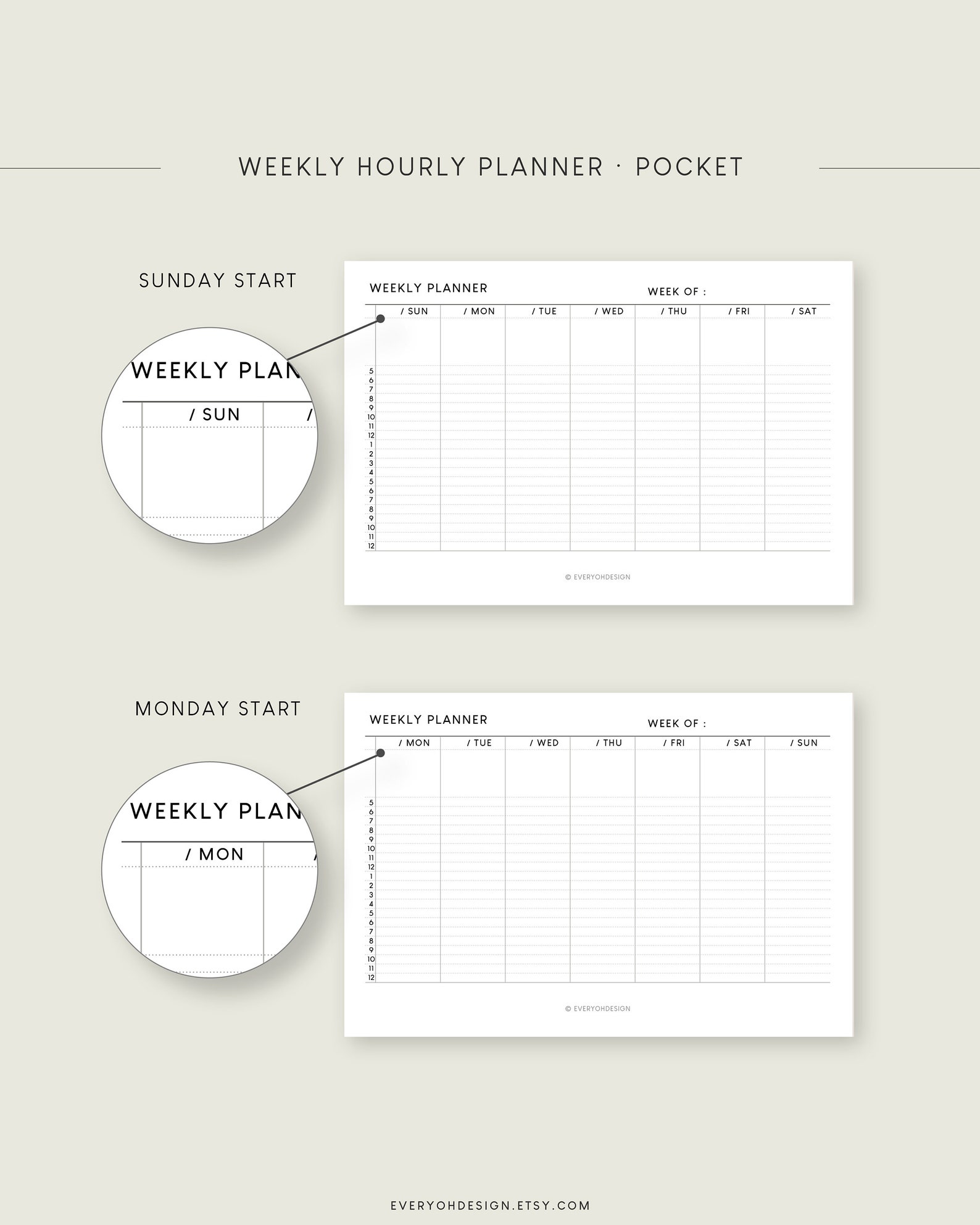 Pocket Hourly Weekly Planner Horizontal Printable Insert Template ...