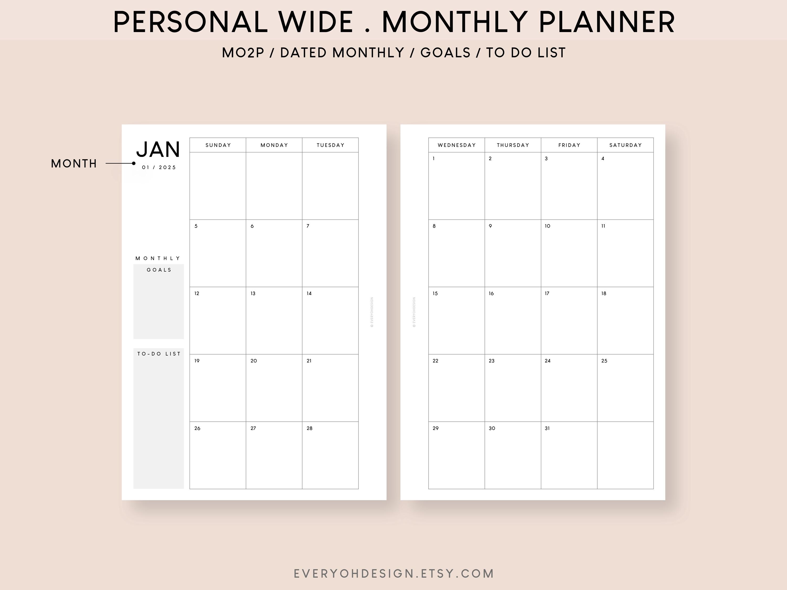 2025 Monthly Calendar Planner Insert: Personal Wide, Minimal Grid ...