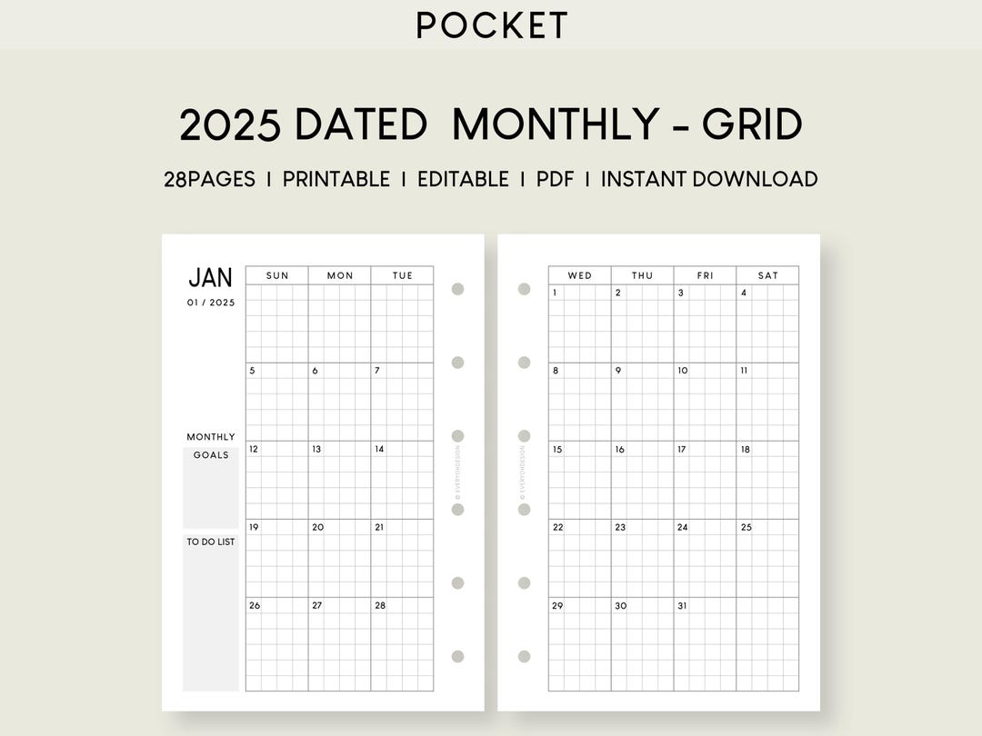 2025 Monthly Calendar Pocket Printable Inserts | Dated Planner Fillable ...