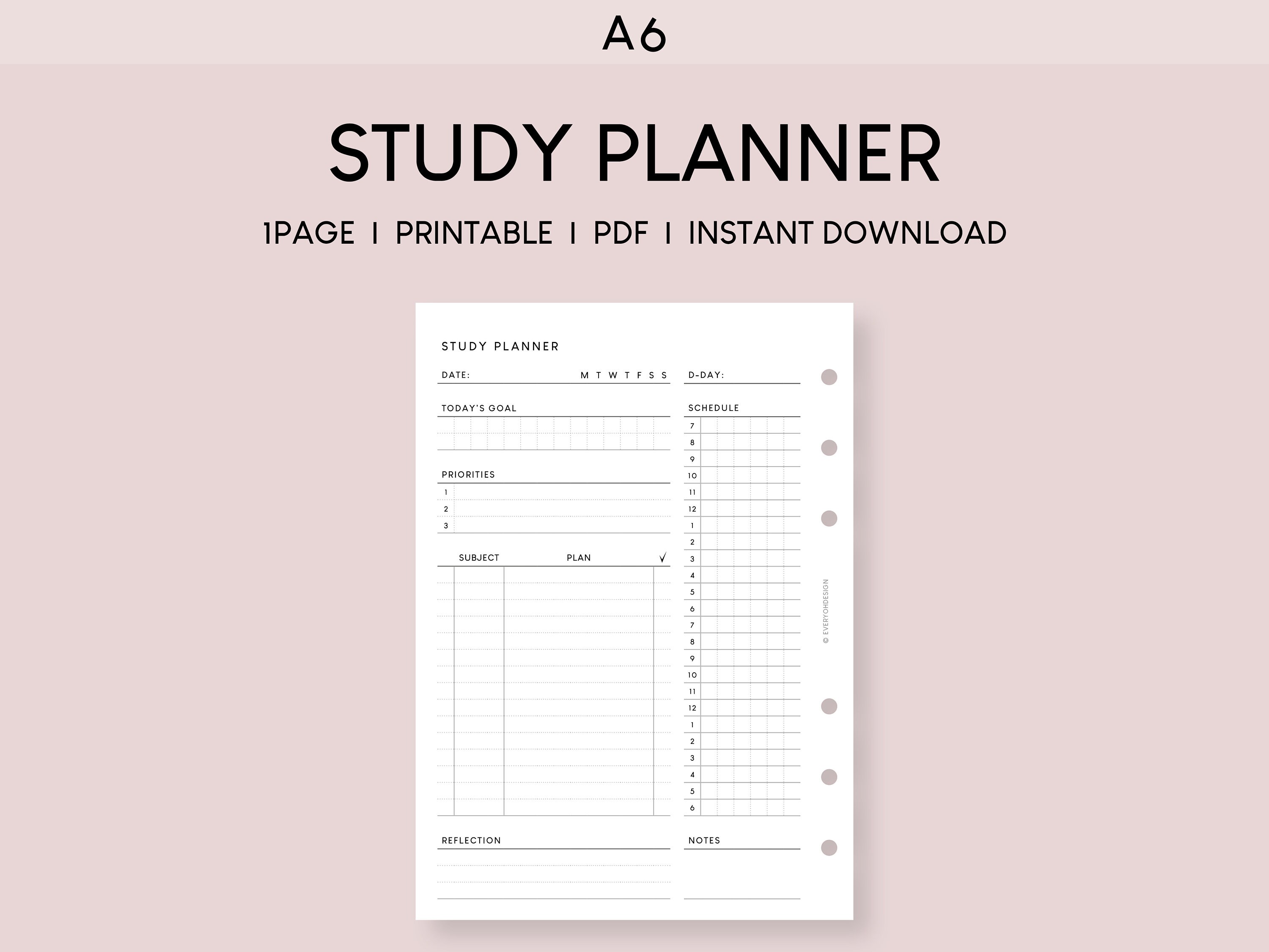 Student Study Planner A6 Printable Insert 24 Hour 10 Minutes Schedule ...
