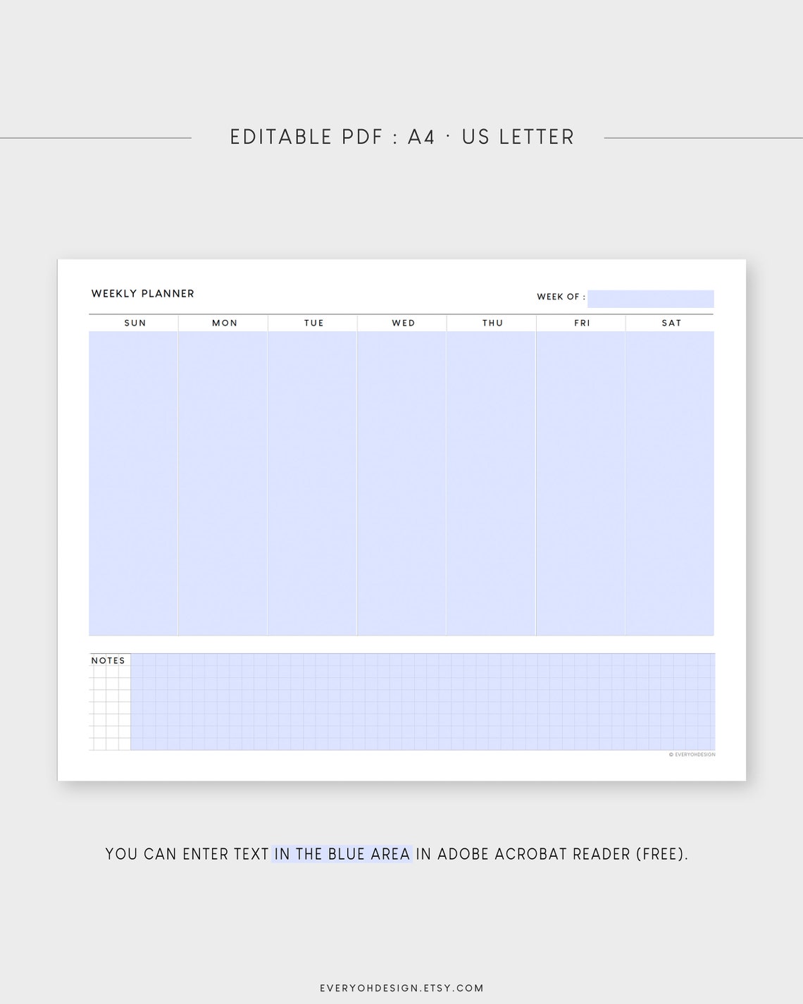 Weekly Horizontal Printable Planner A4 & Letter | Editable Week on One ...