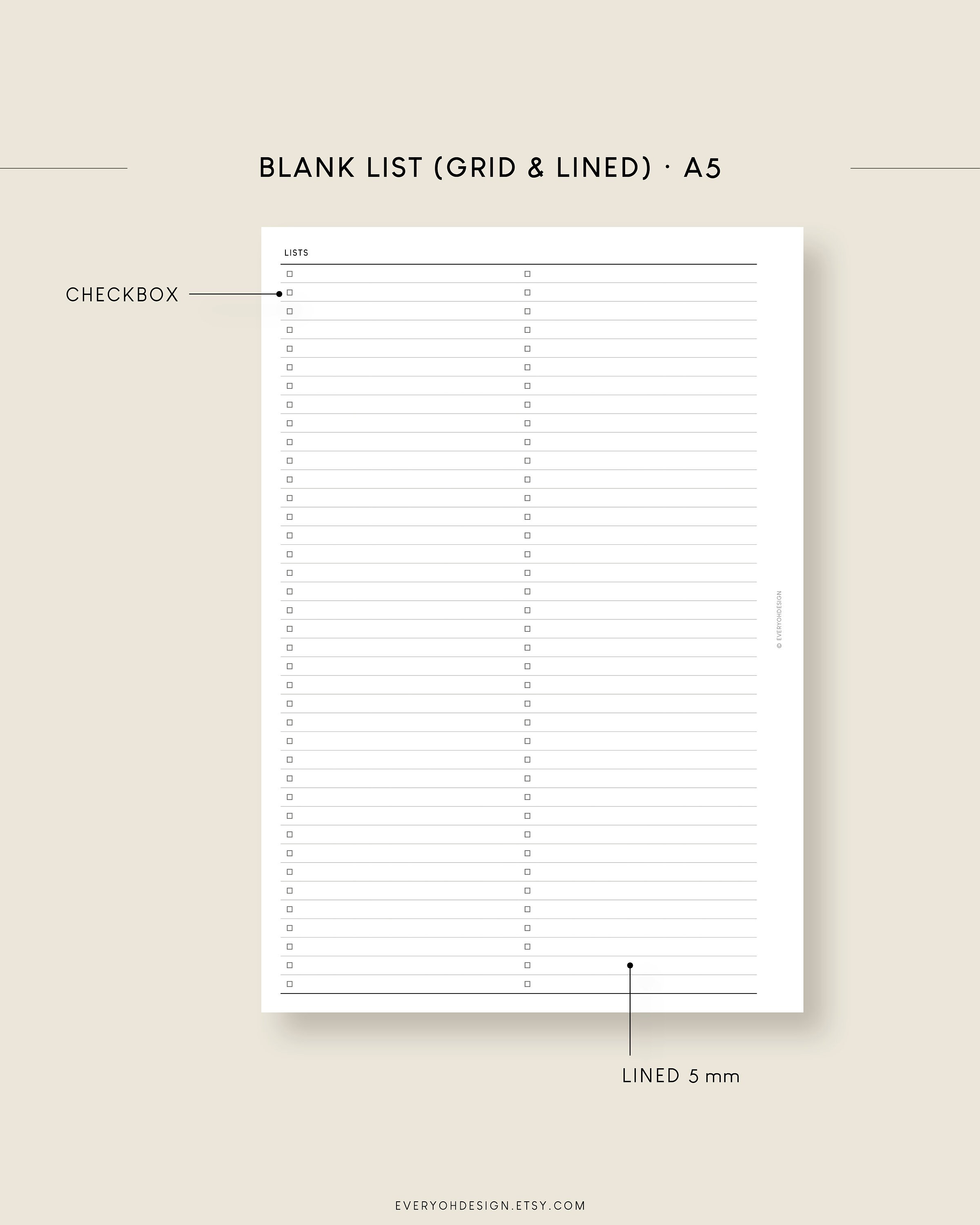 A5 Printable Checklist Inserts: Grid & Lined, 2-column (digital ...