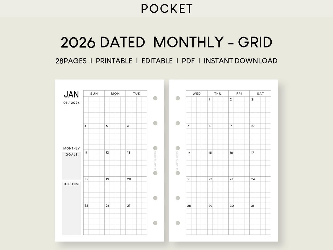 2026 Pocket Monthly Calendar Printable Inserts: Grid Notes (PDF) - Etsy