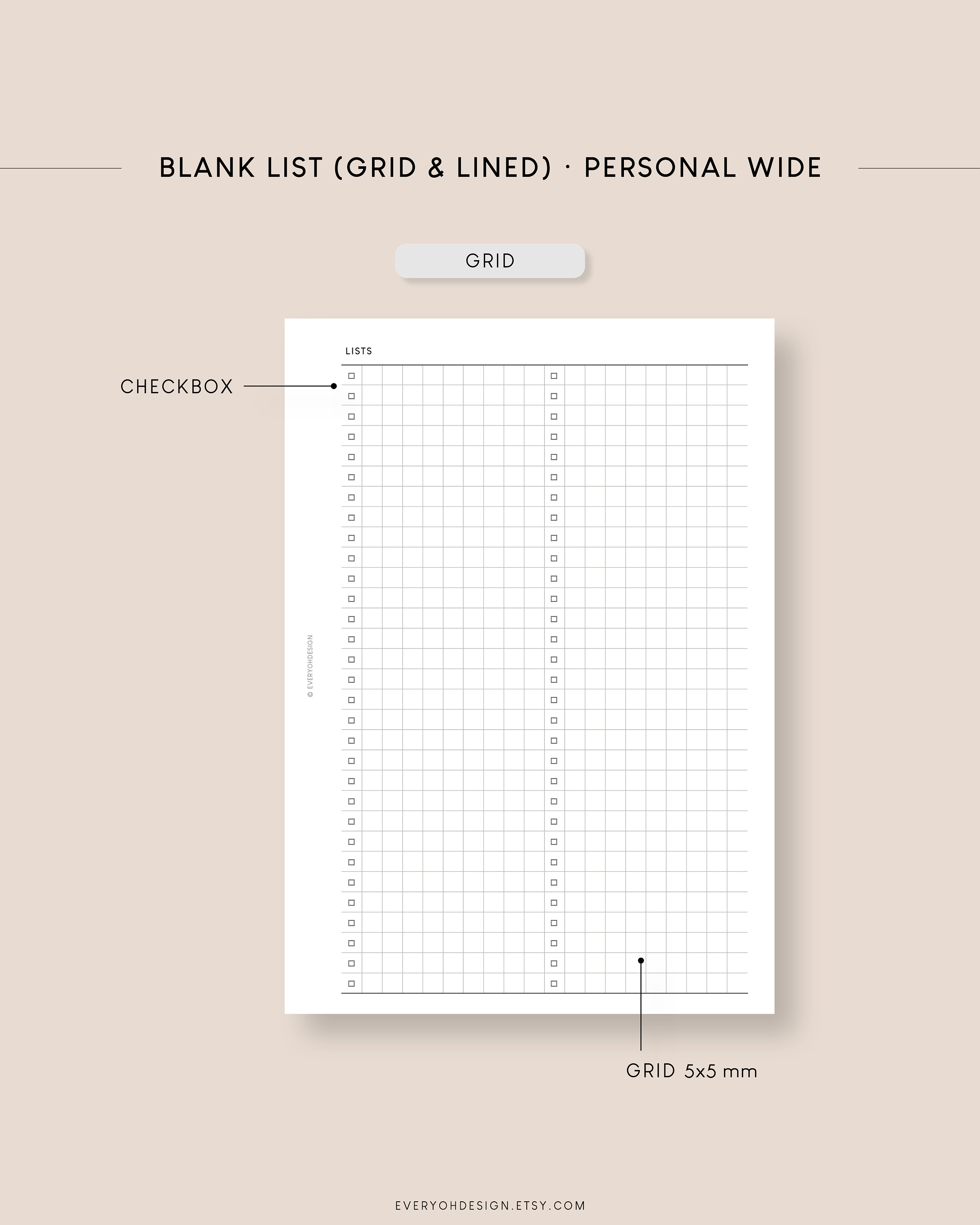 Blank Lists Grid & Lined Personal Wide Printable Planner Inserts ...