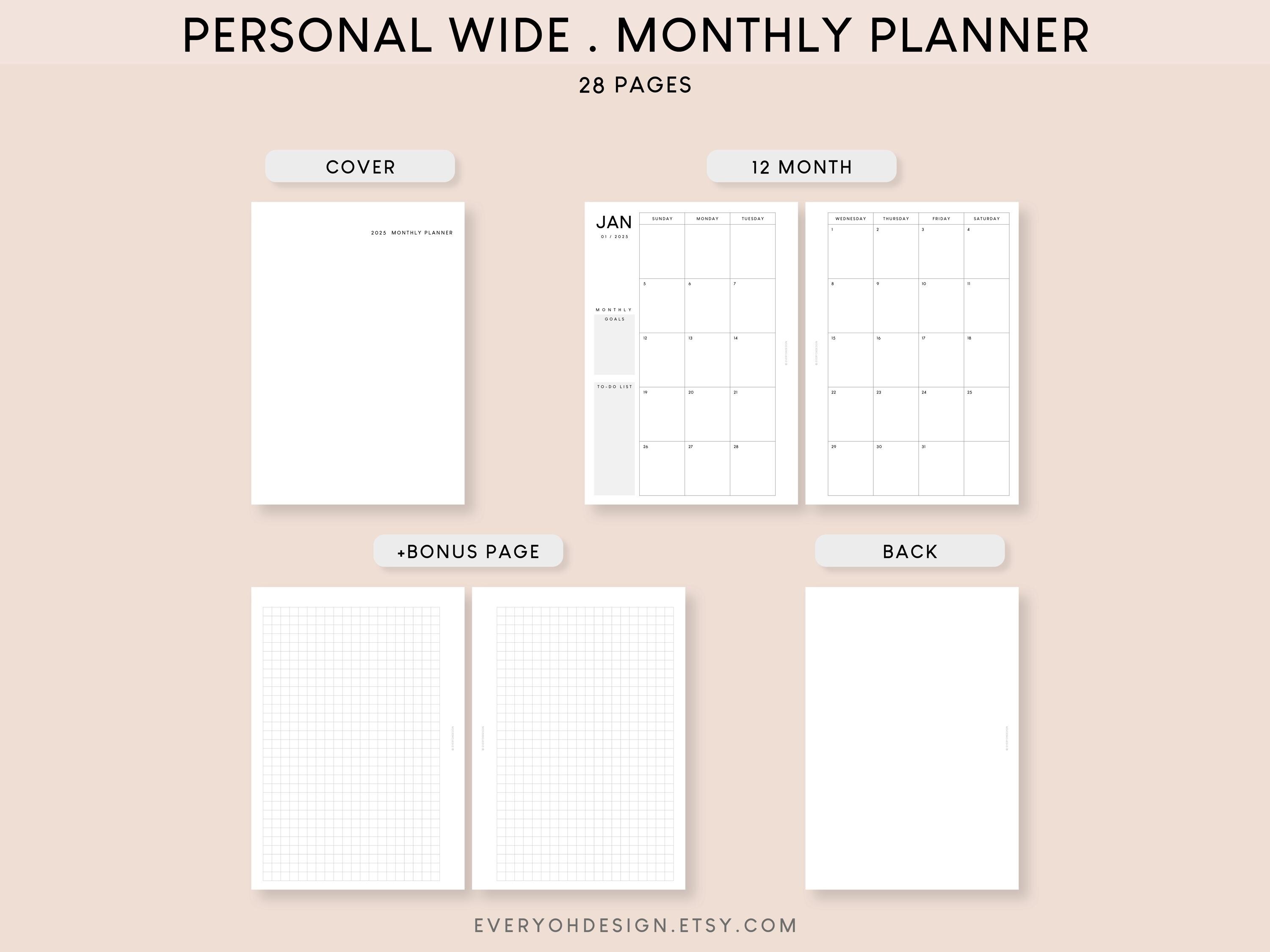 2025 Monthly Calendar Planner Insert: Personal Wide, Minimal Grid ...