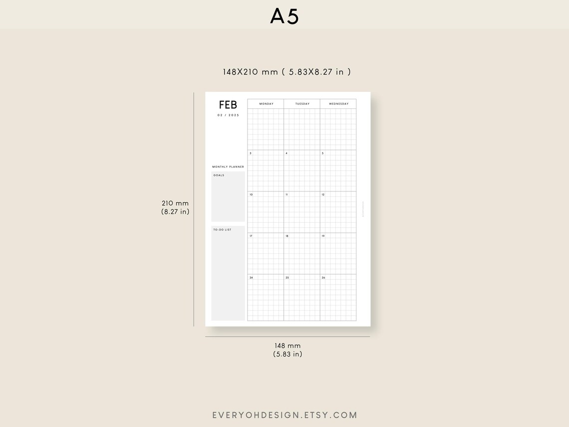 A5 2025 Monthly Calendar Printable: Grid Planner (editable PDF) - Etsy