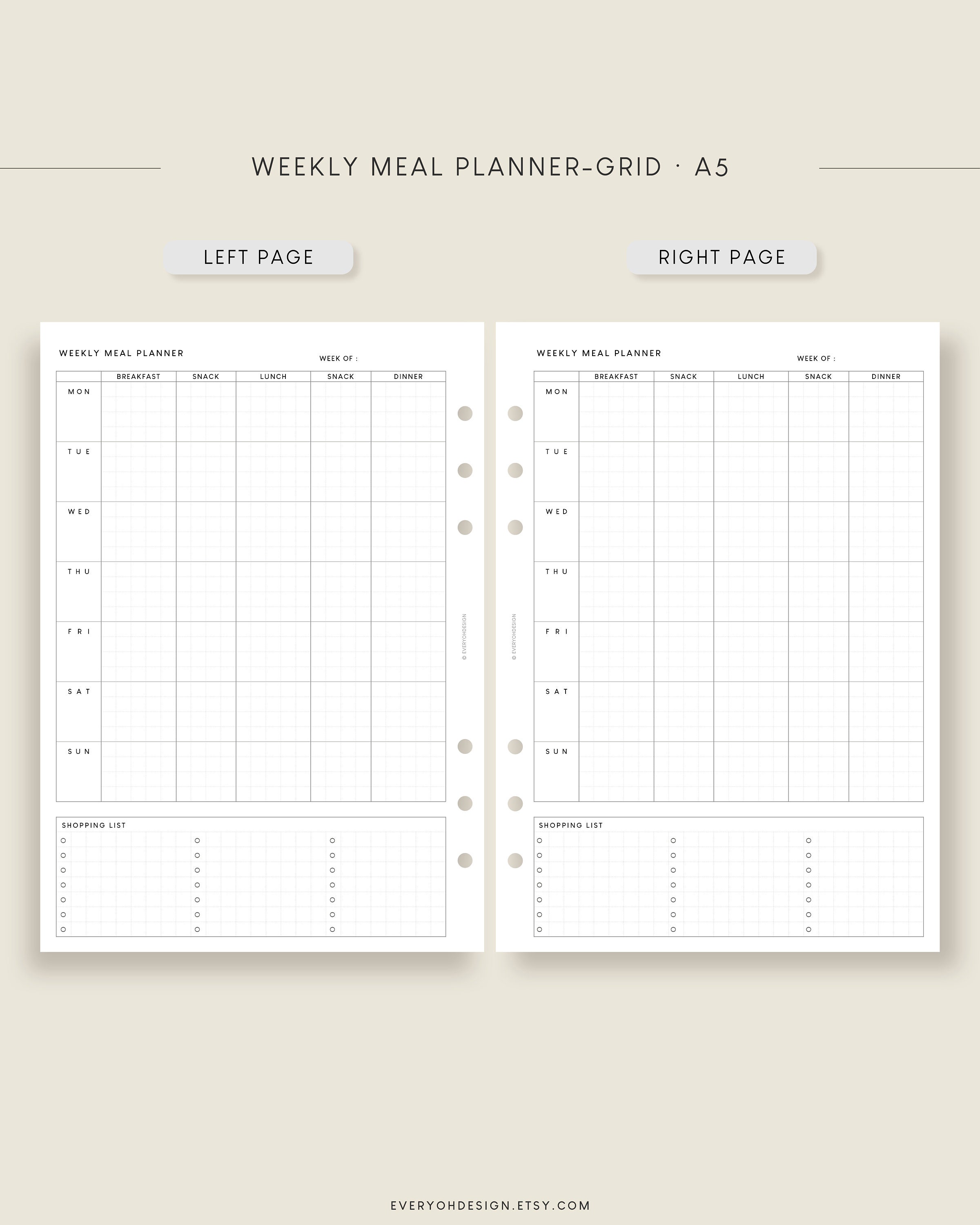 Weekly Meal Grid A5 Planner Insert Grocery Shopping List Printable Menu ...