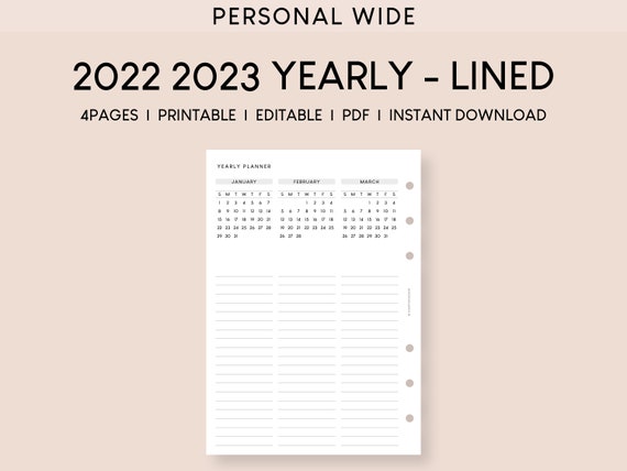 2022 2023 Yearly Printable Planner With Calendar Personal Wide - Etsy