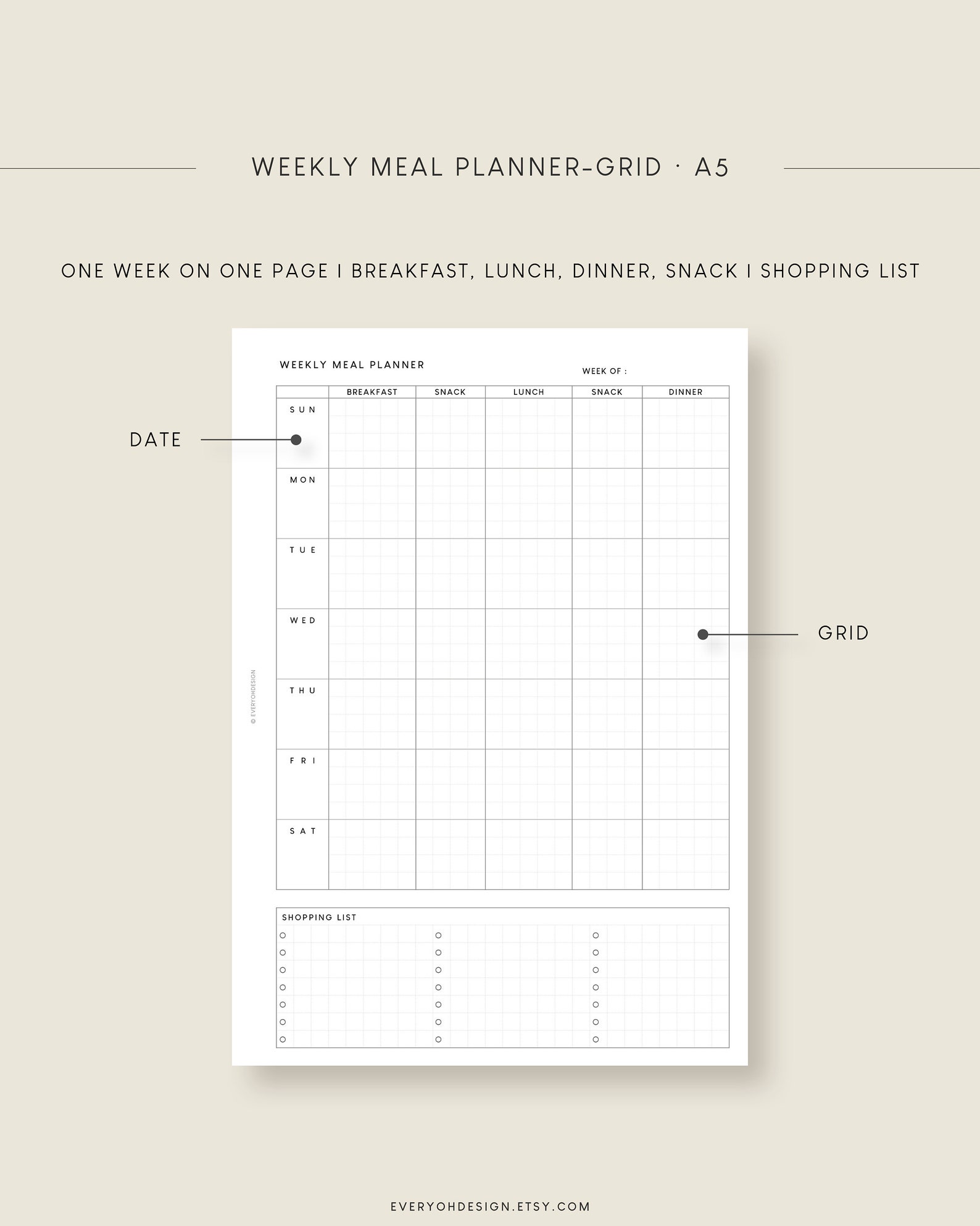 Weekly Meal Grid A5 Planner Insert Grocery Shopping List Printable Menu ...