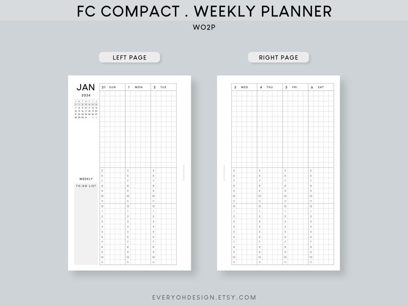 2024 Weekly Planner FC Compact Printable Inserts Minimalist Dated 52 ...