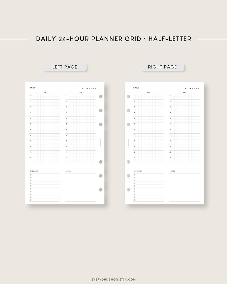 Half-letter Daily Planner Insert: 24-hour Grid (printable PDF) - Etsy