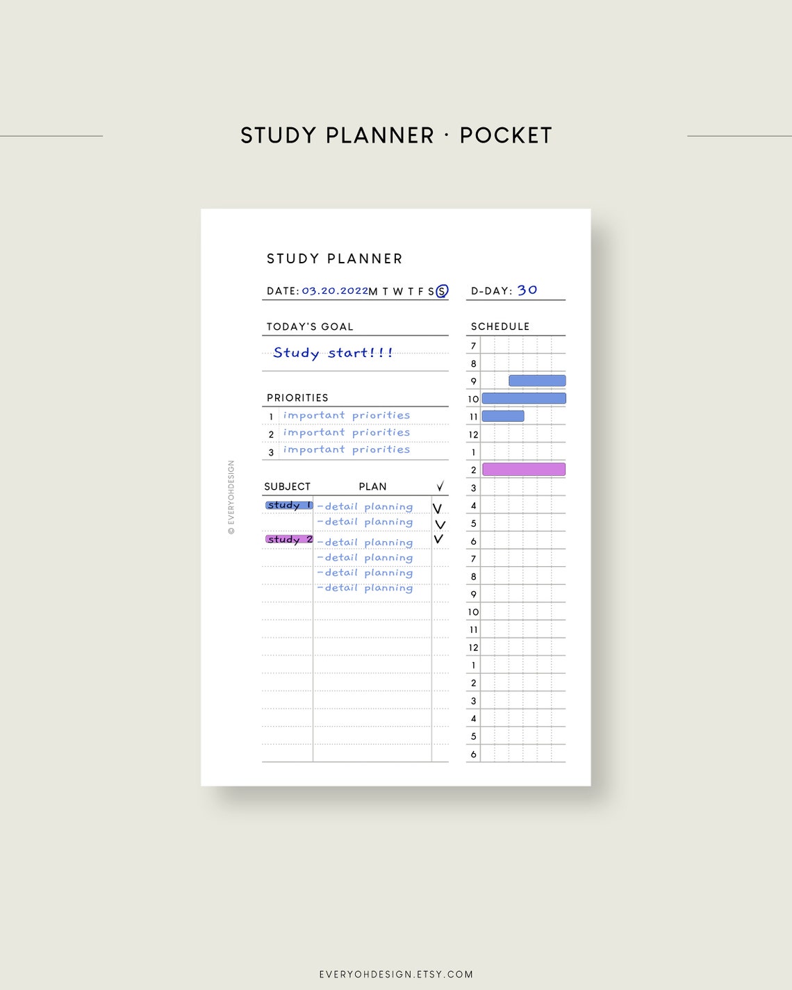 Study Planner Pocket Printable Insert Student Schedule Template College ...
