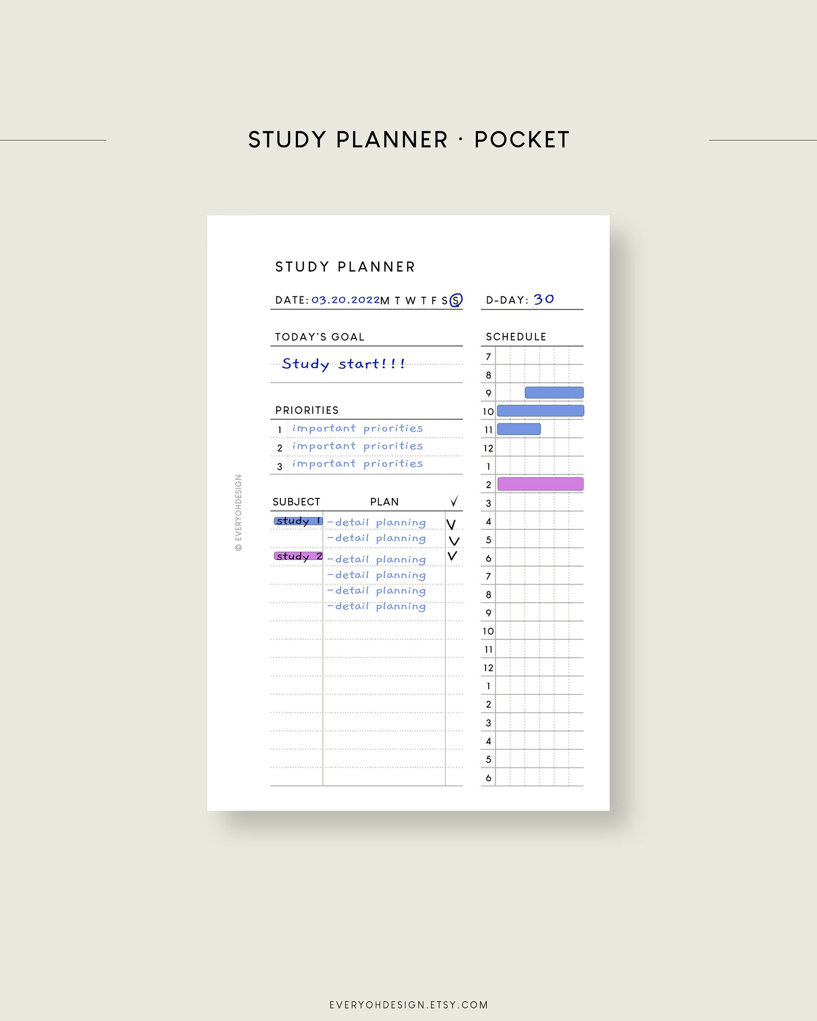 Study Planner Pocket Printable Insert Student Schedule Template College ...