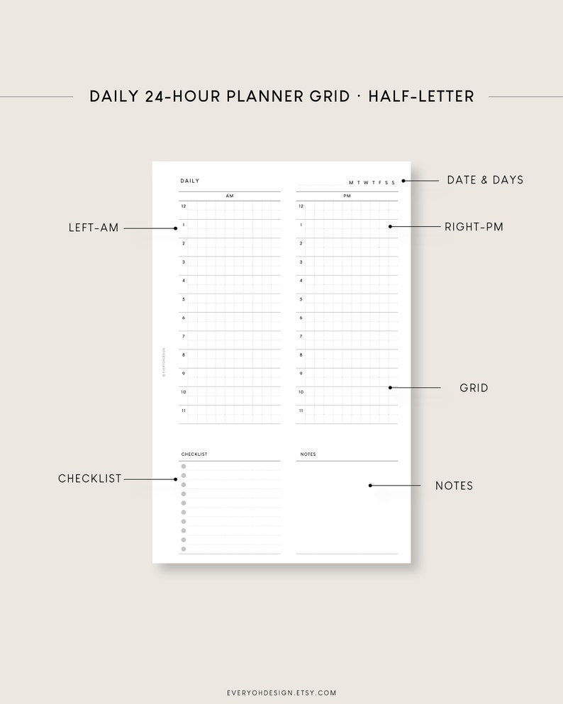 Half-letter Daily Planner Insert: 24-hour Grid (printable PDF) - Etsy