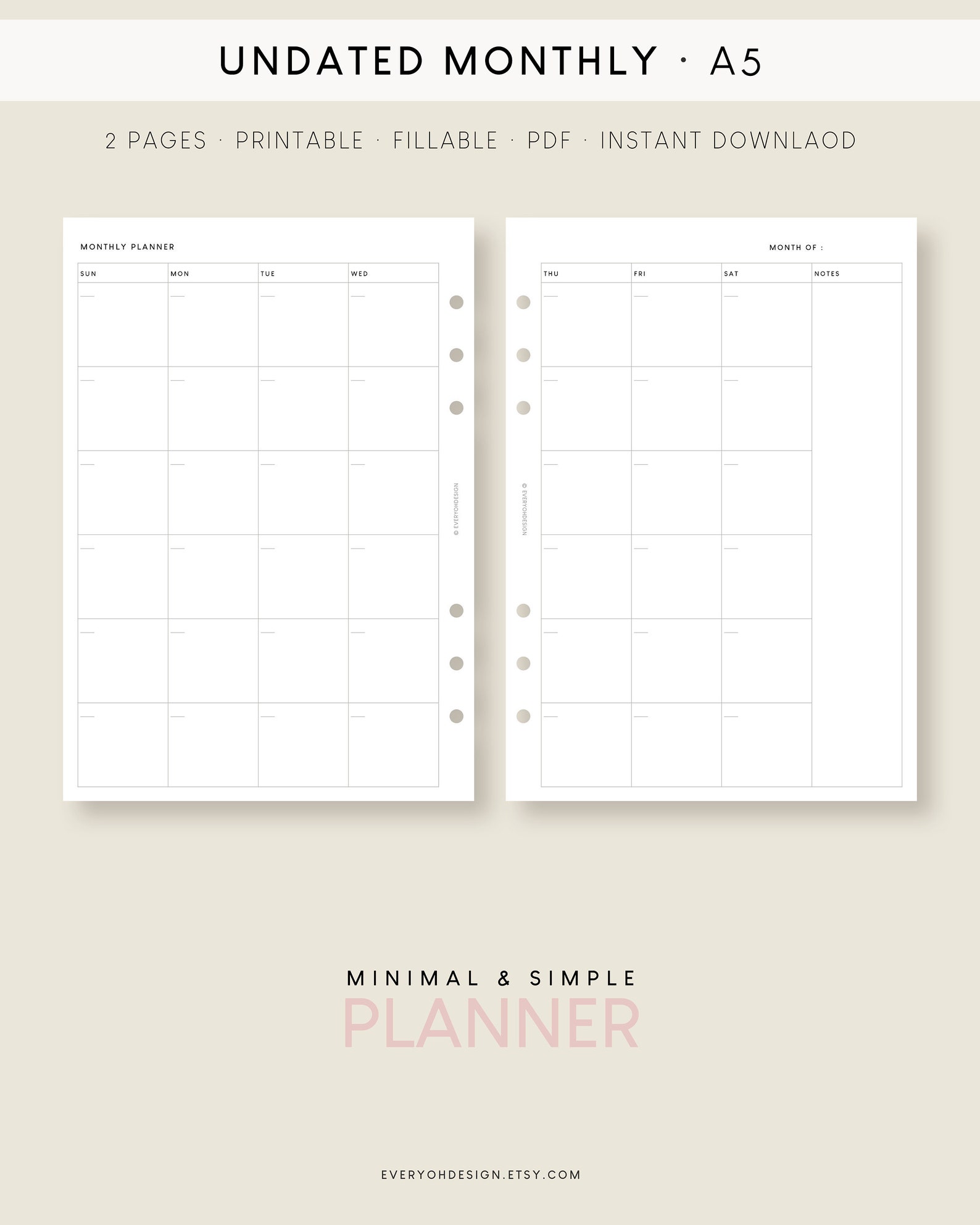 Undated Monthly Planner A5 Minimalist Fillable PDF Template | Etsy