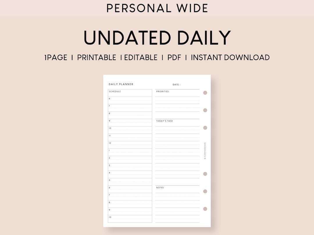 Printable Undated Daily Planner Personal Wide | Fillable Minimal Daily ...