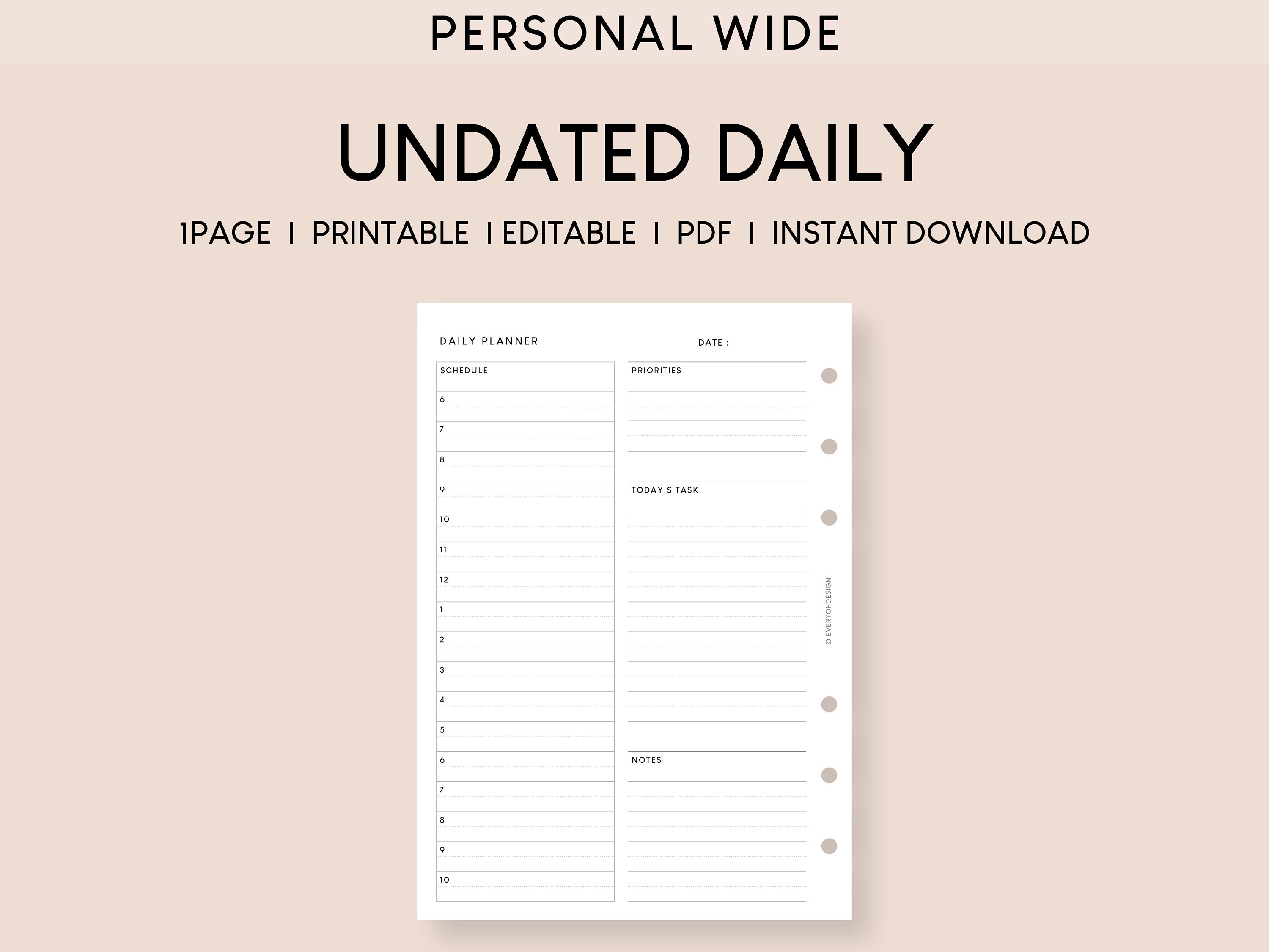 Printable Undated Daily Planner Personal Wide Fillable - Etsy