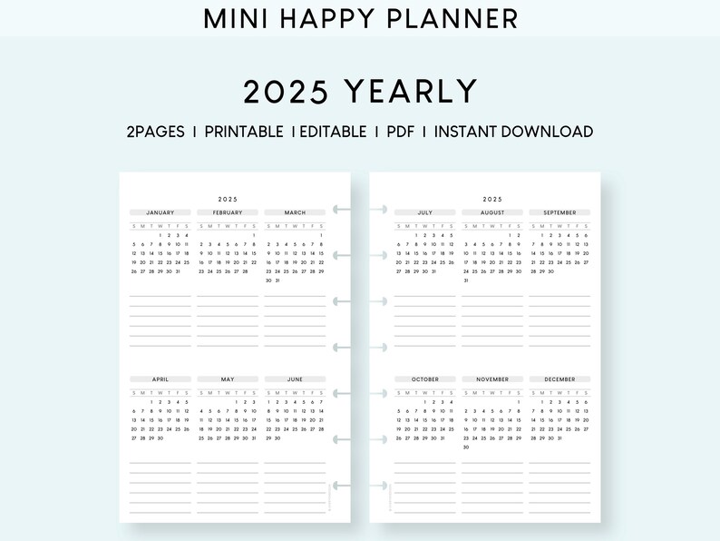 2025 Yearly Planner Mini Happy Planner | Printable Calendar Template ...