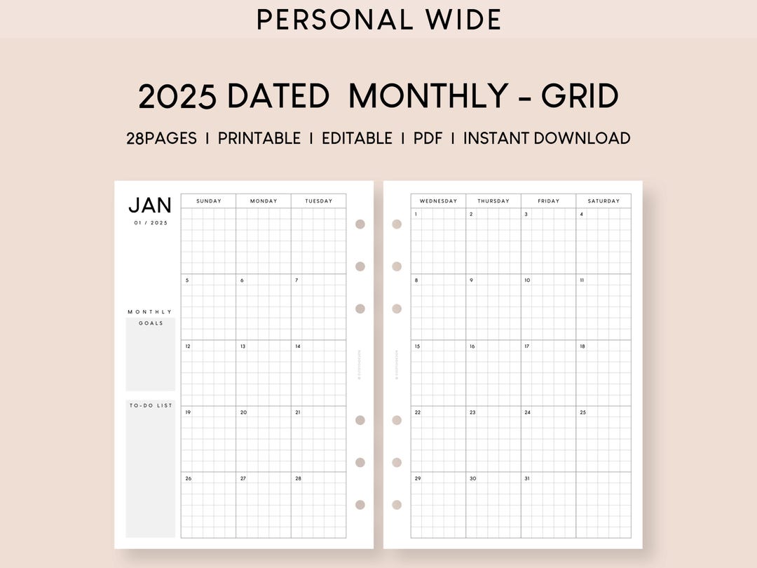 2025 Monthly Calendar Planner Personal Wide Printable Insert | Dated ...