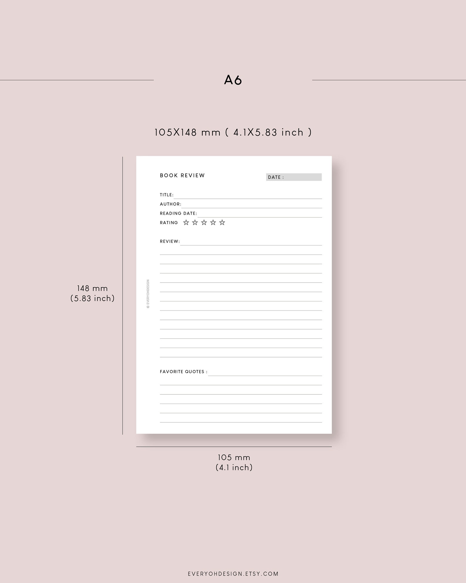 A6 Reading Journal Bundle Printable Inserts Minimalist Book Planner ...