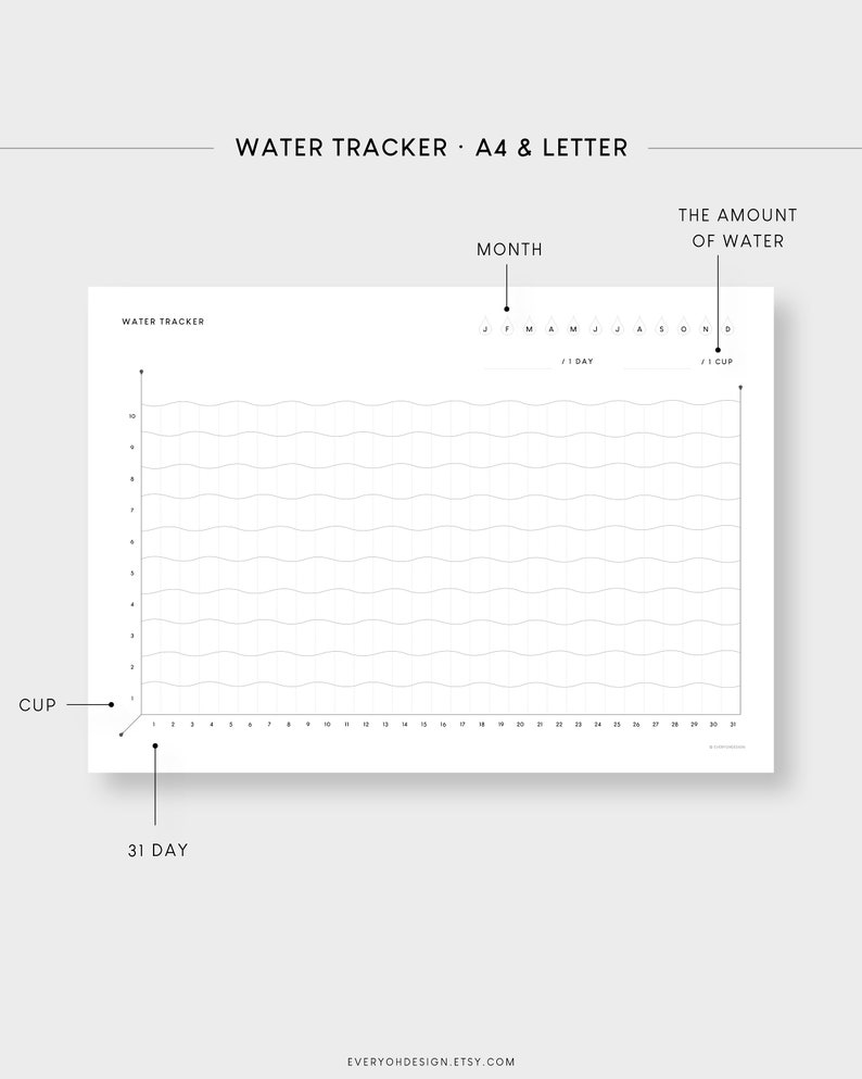 Water Intake Tracker Printable A4 & Letter | 30 Day Hydration Tracking ...