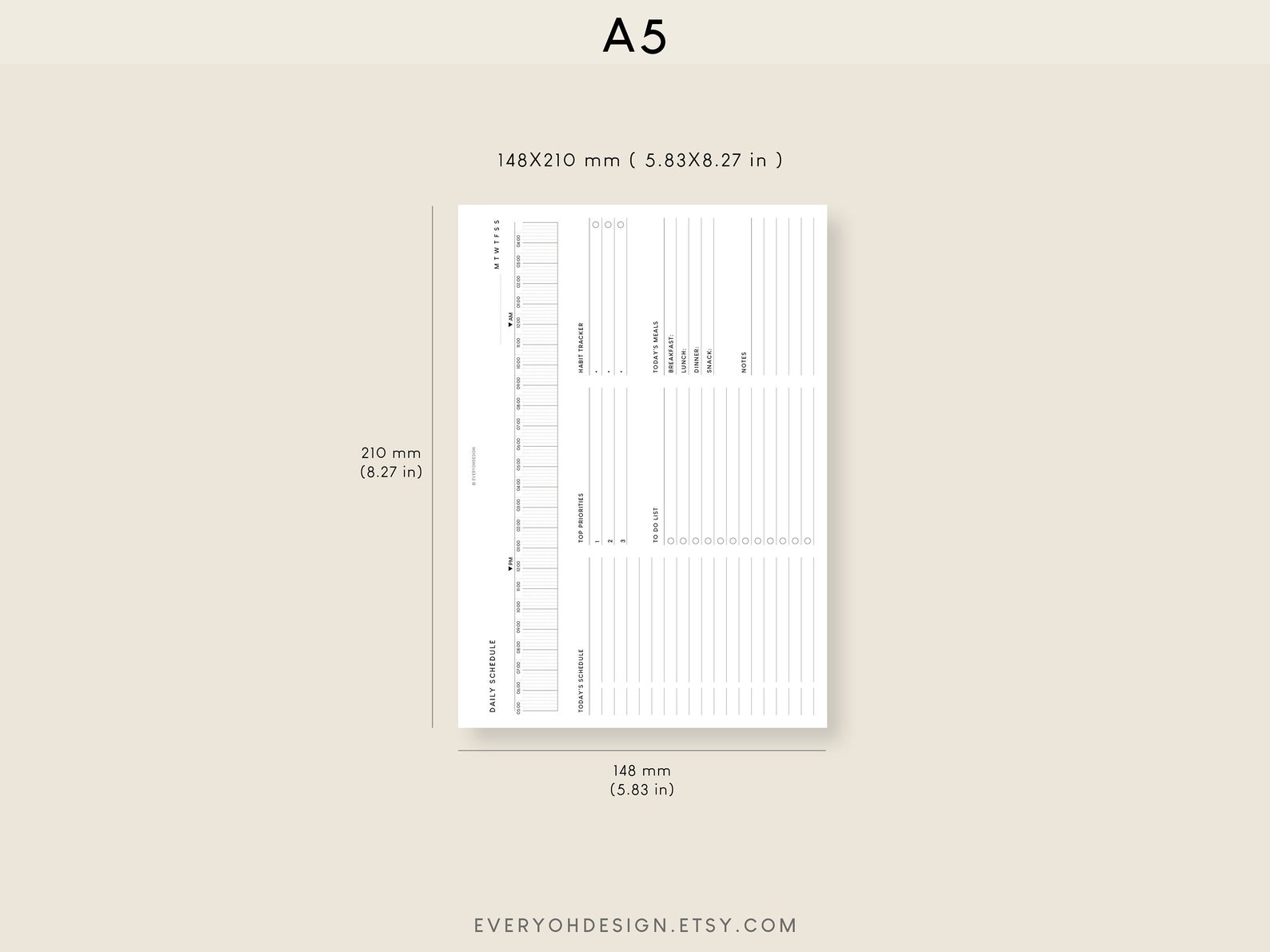 Daily Schedule Planner A5 Printable Insert 24 Hour Timetable Daily Log ...