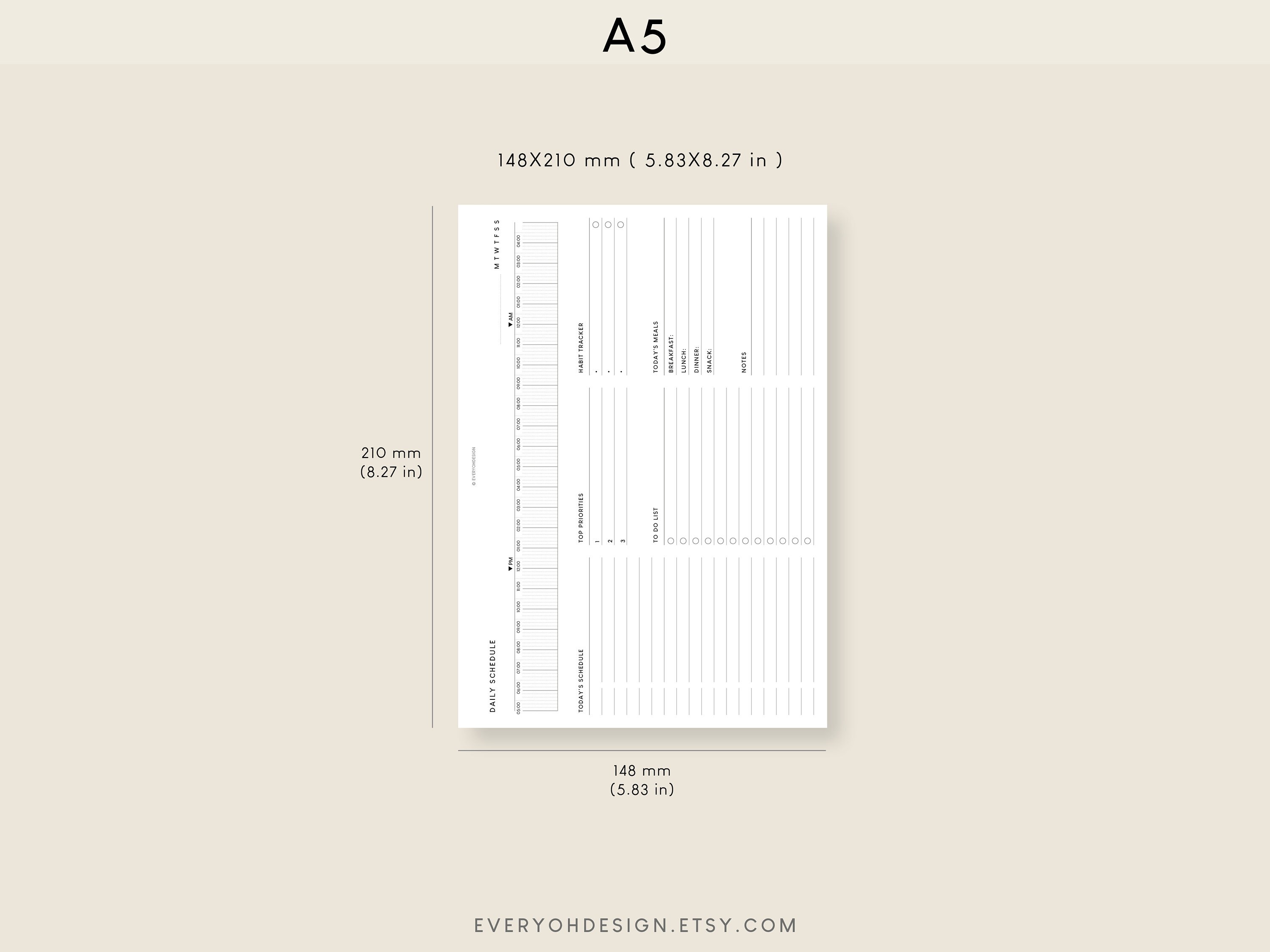 Daily Schedule Planner A5 Printable Insert 24 Hour Timetable Daily Log ...