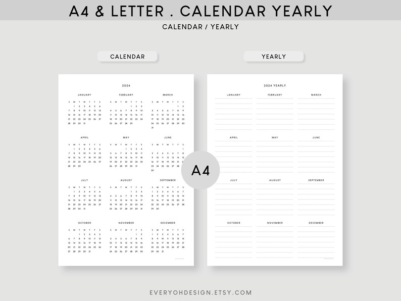 2024 Calendar Yearly Planner A4 & Letter Printable Yearly - Etsy