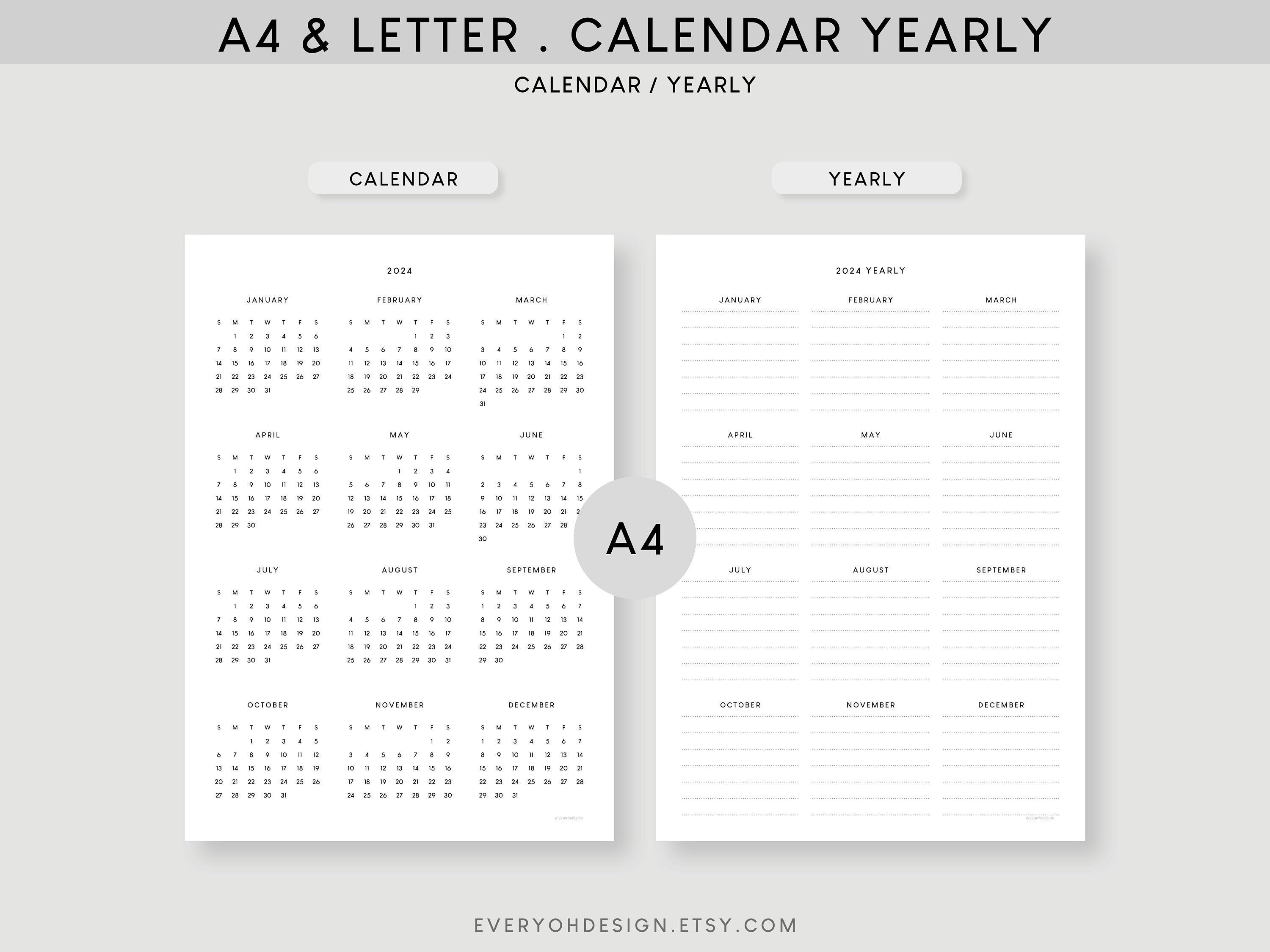 2024 Calendar Yearly Planner A4 & Letter Printable Yearly - Etsy