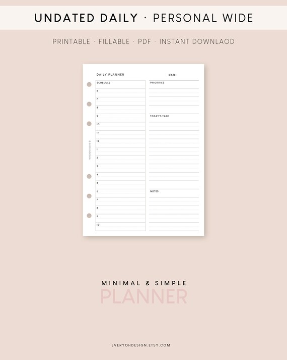 Printable Undated Daily Planner Personal Wide Fillable | Etsy