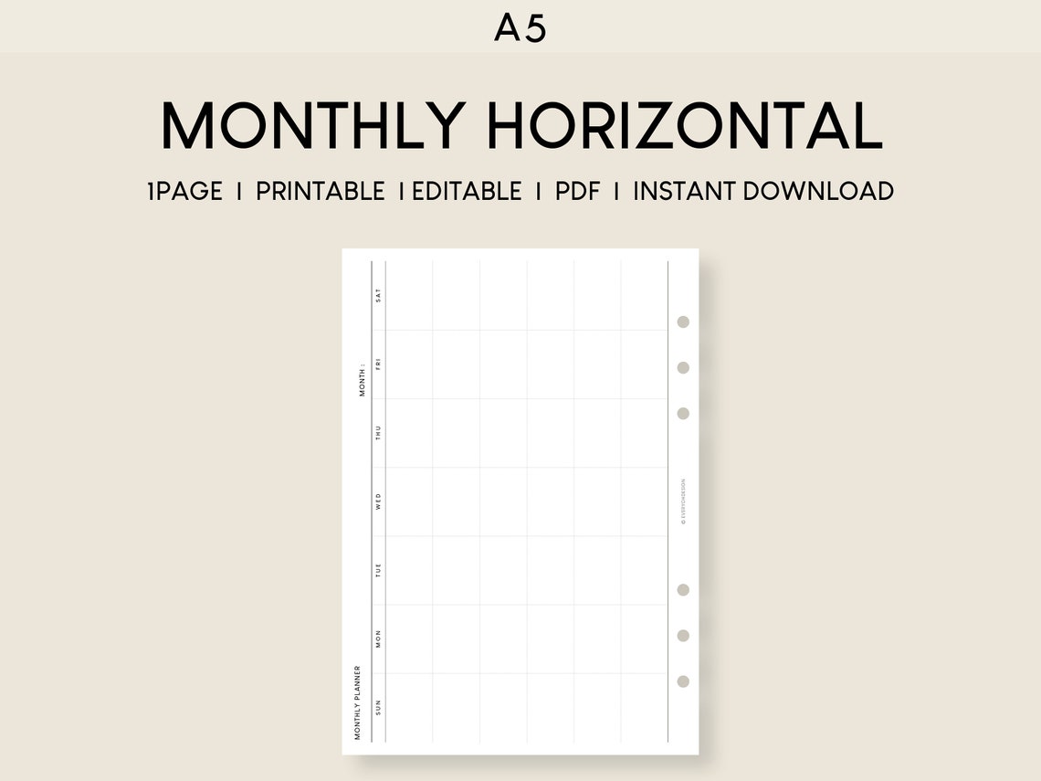 Monthly Planner Horizontal A5 Insert Printable Month on One - Etsy