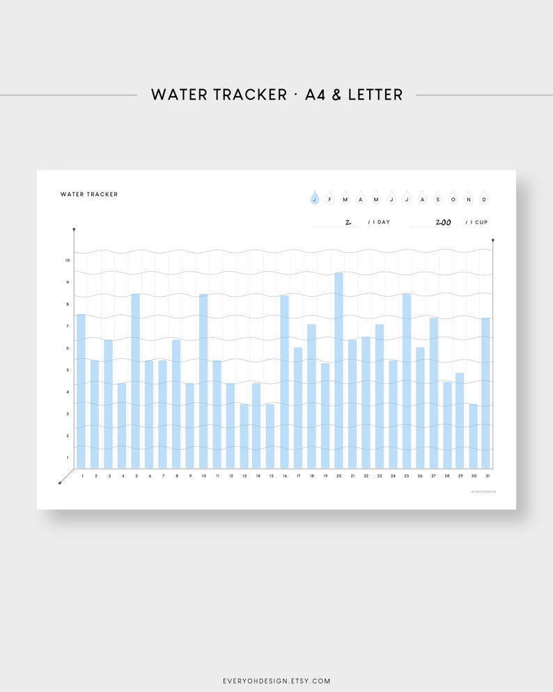 Water Intake Tracker Printable A4 & Letter | 30 Day Hydration Tracking ...