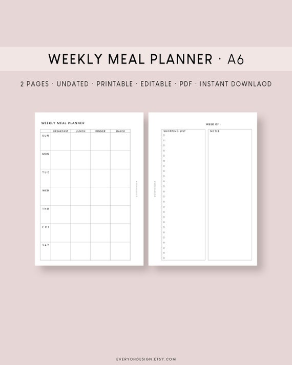 A6 Weekly Meal Planner Printable Inserts Bright Line Eating | Etsy