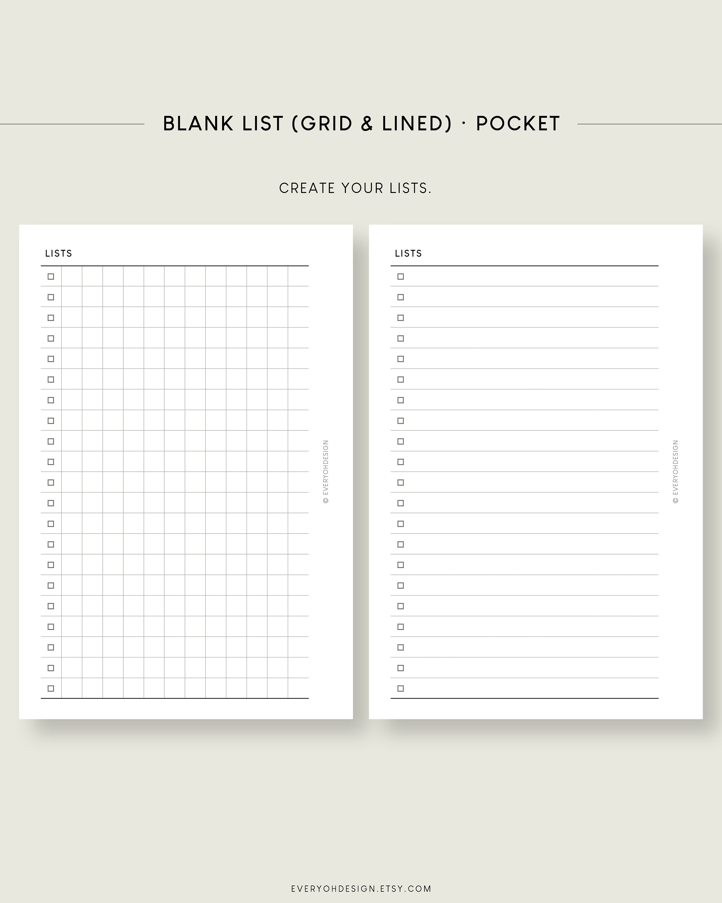 Pocket Blank Lists Printable Planner Inserts Simple Checklist Template ...
