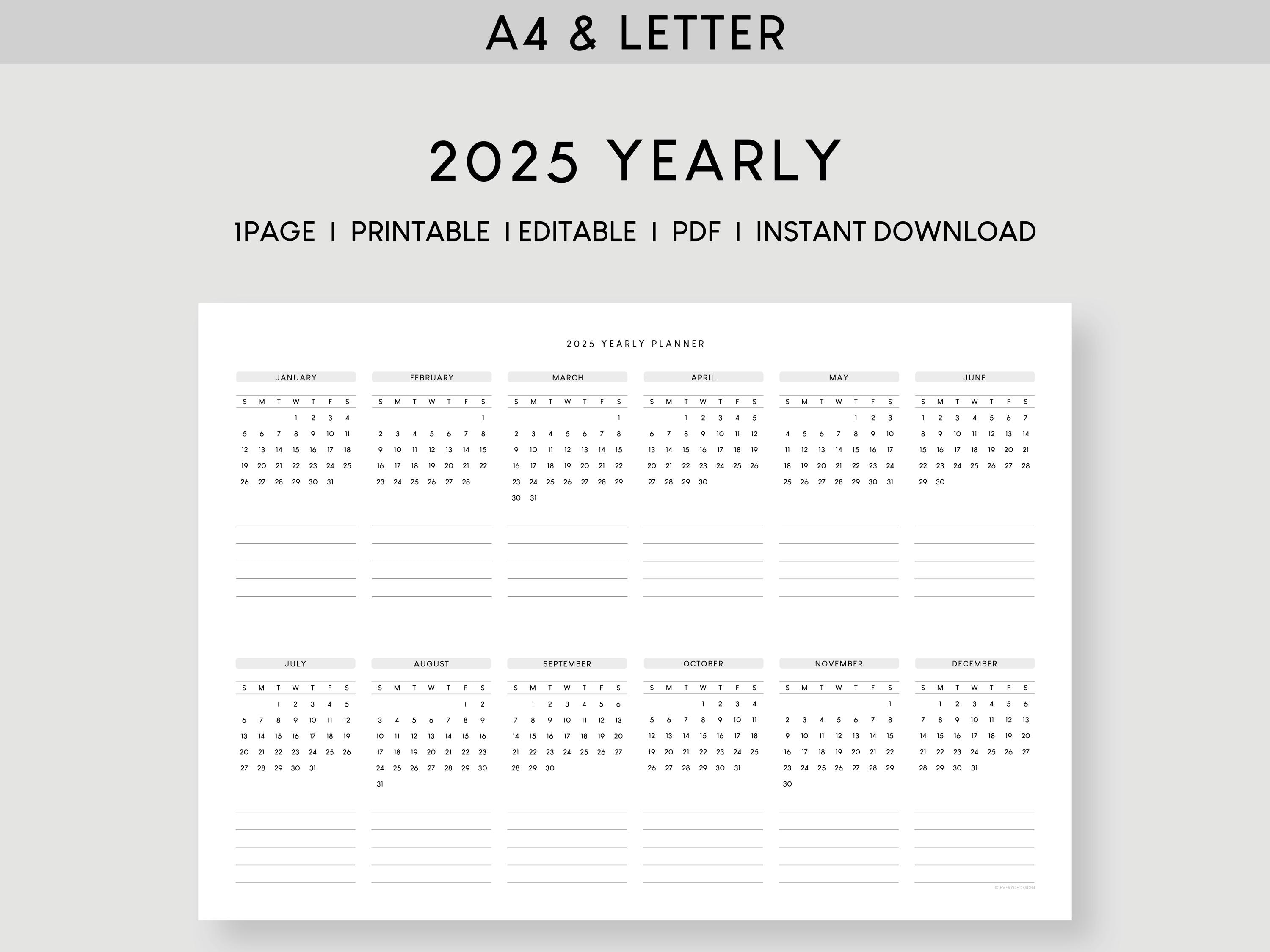 2025 Yearly Planner A4 & Letter | Printable Calendar Template ...