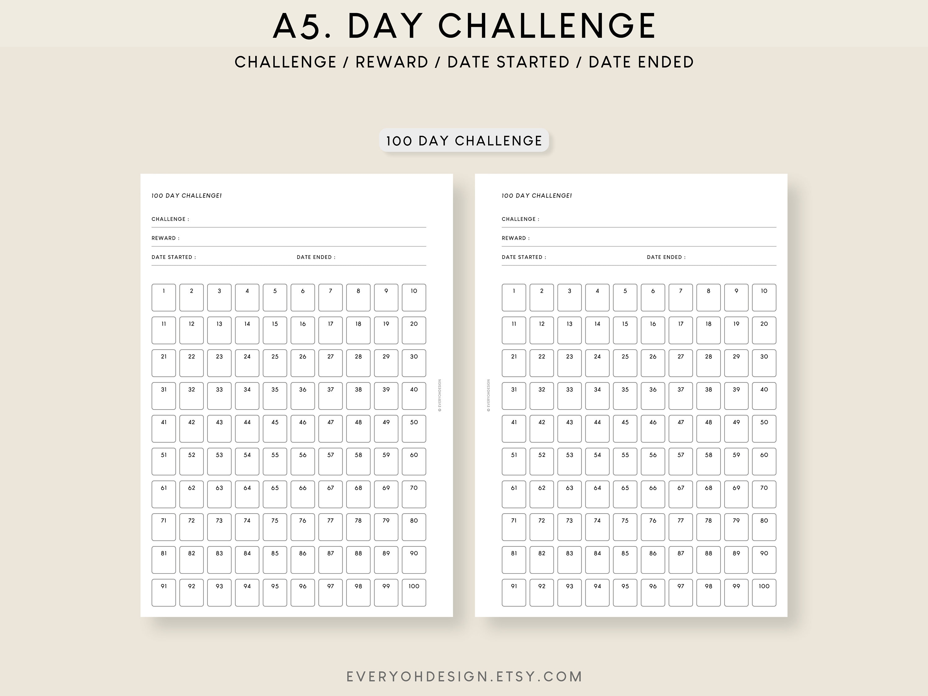 Day Challenge Printable Bundle: 30, 50, 60, 90, 100 Day Tracker (A5 PDF ...