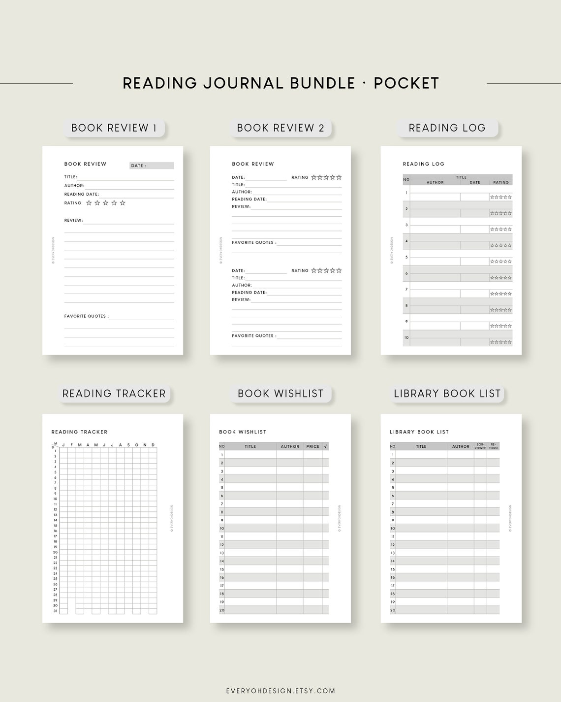 Pocket Reading Journal Bundle Printable Inserts Book Planner 6types ...