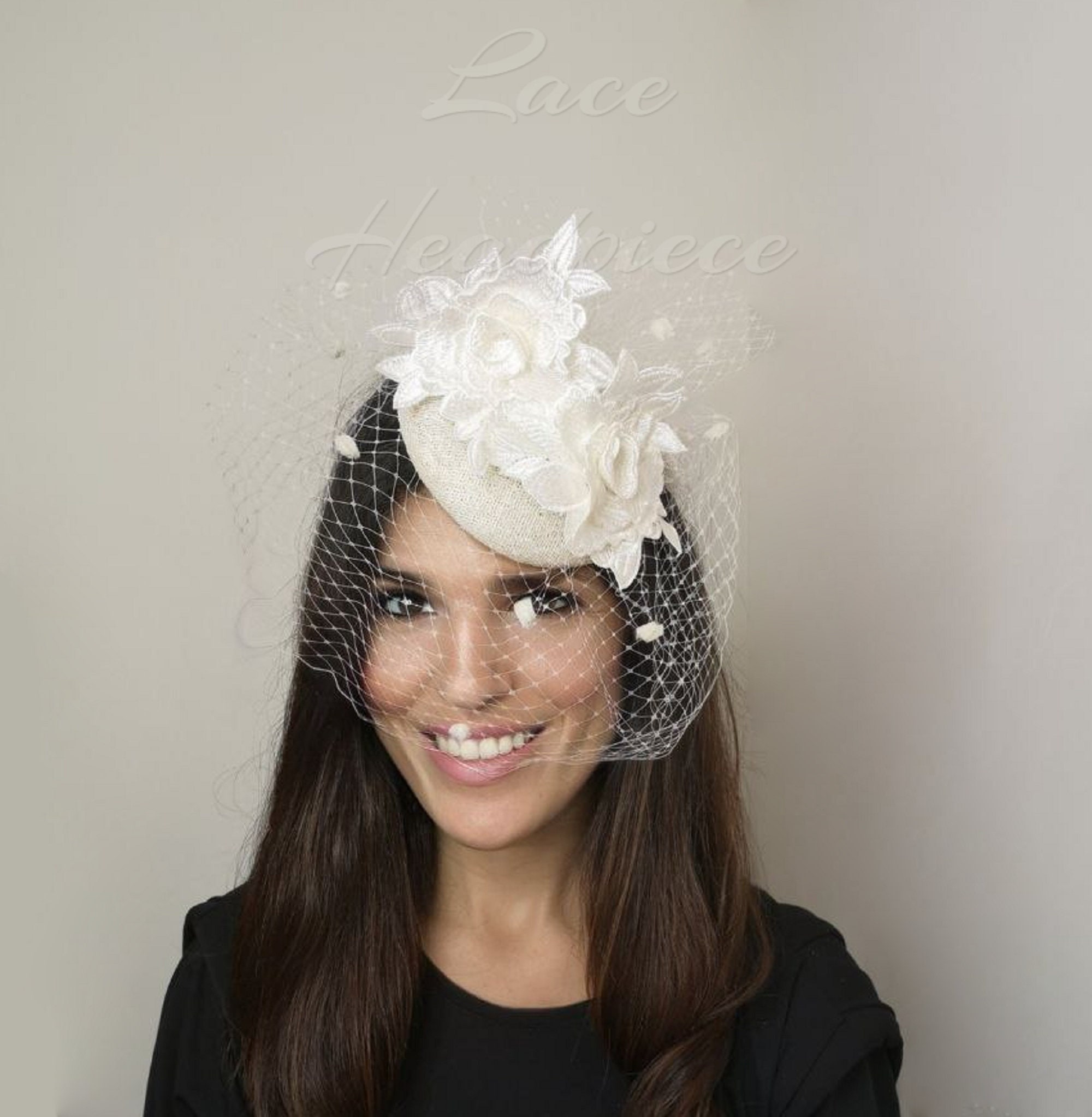 Tocado de novia blanco con velo y flores de encaje Tocado de - Etsy España