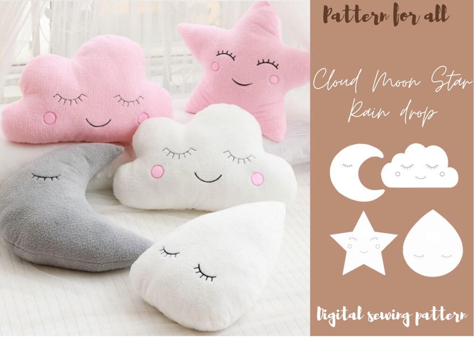 Set of Cloud Moon Star Raindrop Pillow Sewing Patternpdf - Etsy