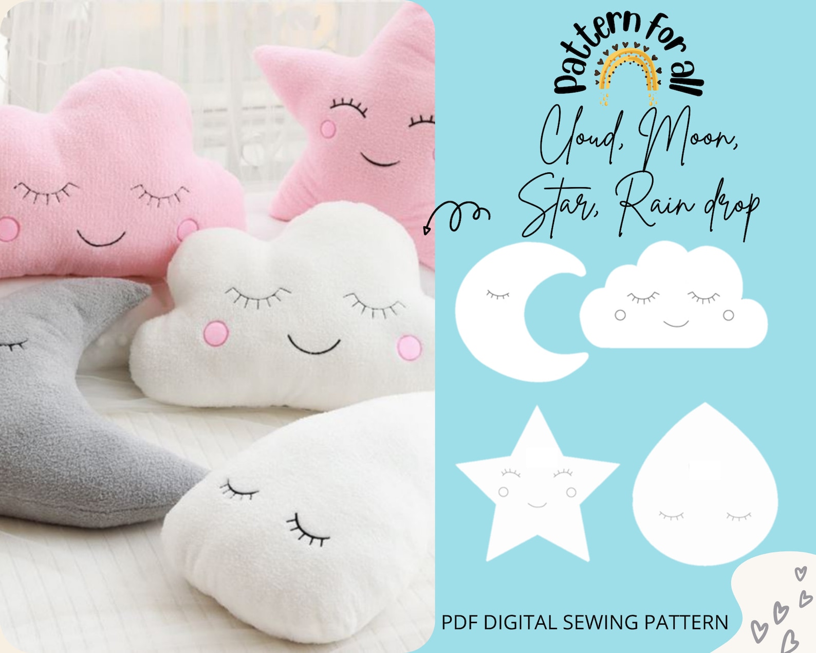 Set of Cloud Moon Star Raindrop Pillow Sewing Patternpdf - Etsy