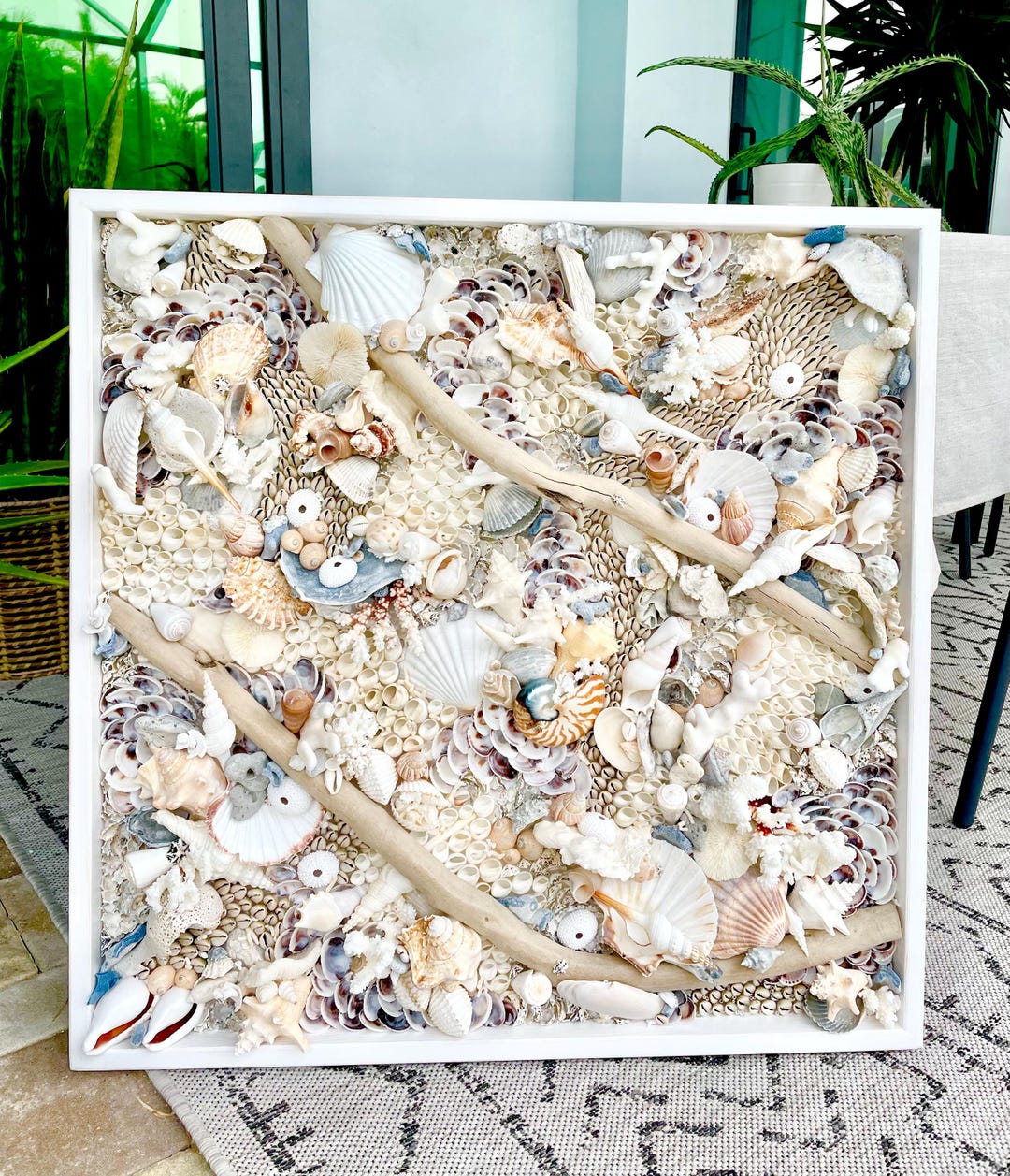 Handmade Coastal Shell Wall Art -natural Driftwood & Shells, Blue White ...